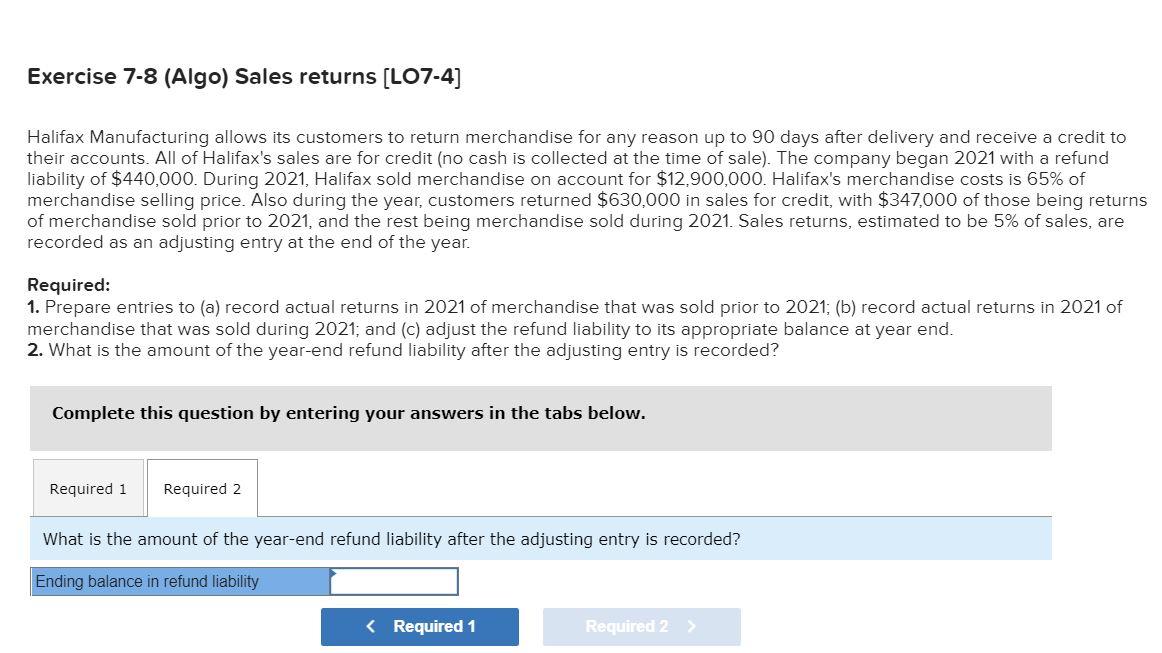 Solved Exercise 7-8 (Algo) Sales returns (L07-4) Halifax | Chegg.com