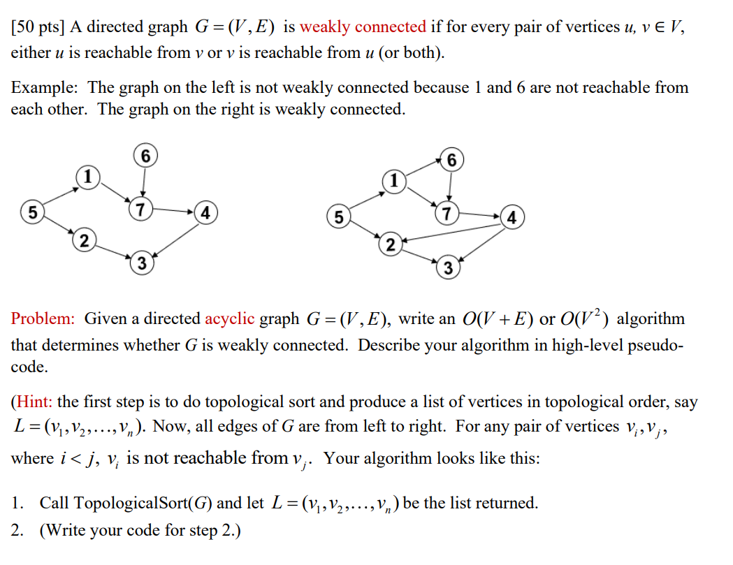 Solved [50 pts] A directed graph G=(V,E) is weakly connected | Chegg.com