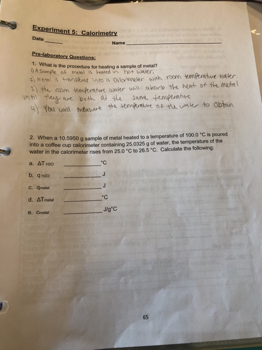 Experiment 5: Calorimetry . To perform three | Chegg.com