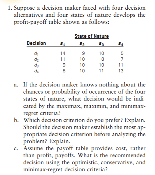 Solved 1. Suppose a decision maker faced with four decision | Chegg.com
