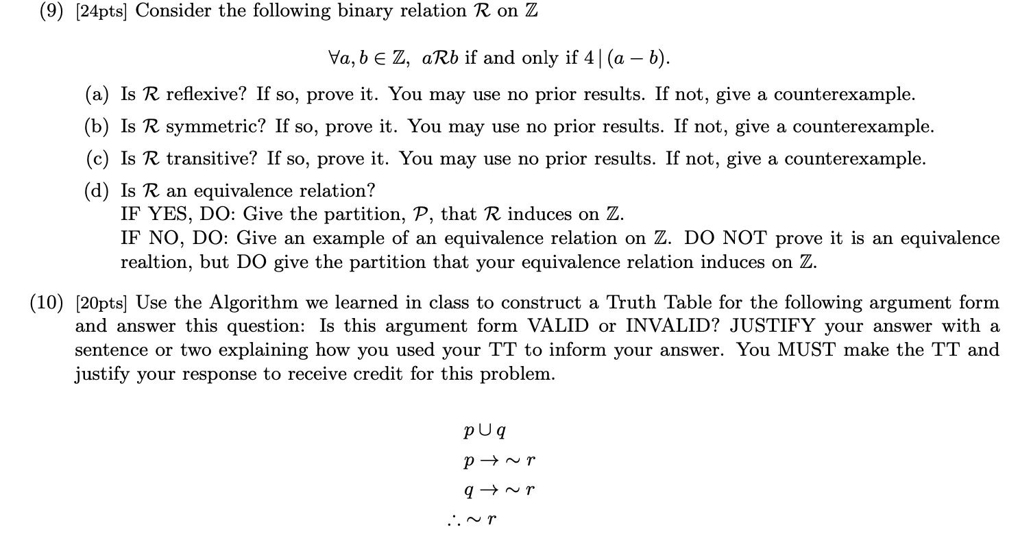 Solved (9) (24pts] Consider the following binary relation R | Chegg.com