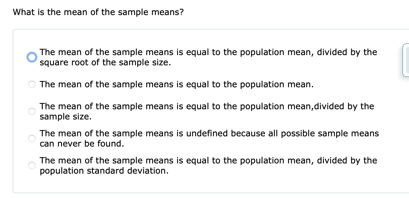 Solved What is the mean of the sample means? The mean of the | Chegg.com