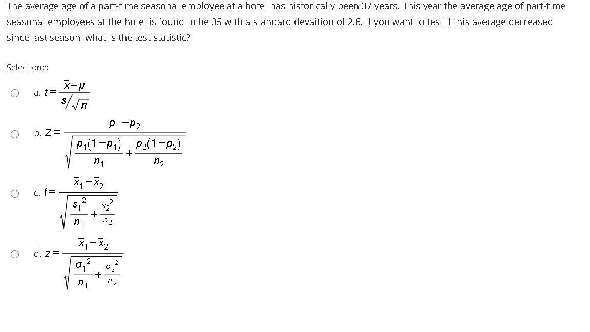 Solved The average age of a part-time seasonal employee at a | Chegg.com