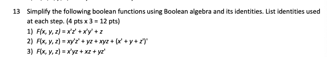 Solved 13 Simplify the following boolean functions using | Chegg.com