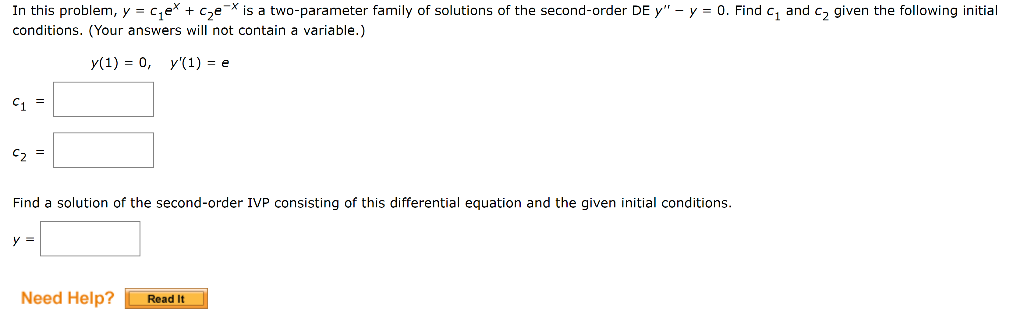 Solved In this problem, y=c1ex+c2e−x is a two-parameter | Chegg.com