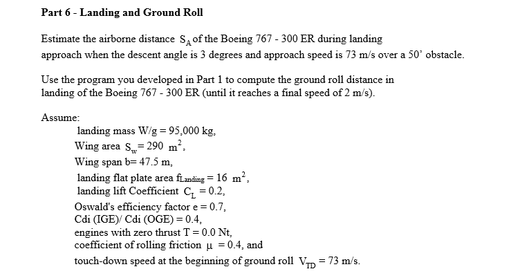 Solved Part 6 - Landing and Ground Roll Estimate the | Chegg.com