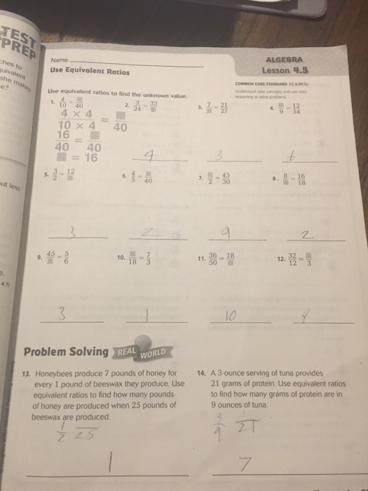 Solved ALGEBRA Lesson 4.5 Use Equivalent Ratios COMNMION COM | Chegg.com