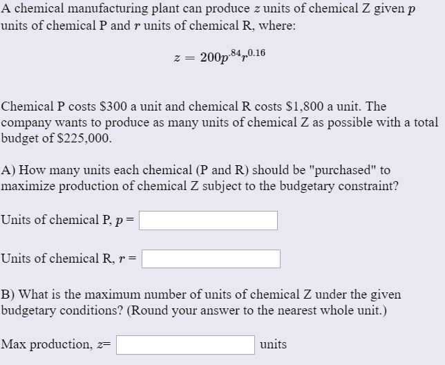 Solved A chemical manufacturing plant can produce z units of | Chegg.com
