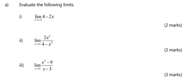 Solved a) Evaluate the following limits i) limx→−24−2x (2 | Chegg.com