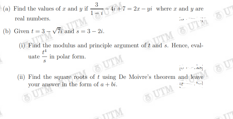 Solved a) Find the values of x and y if 1−i3−4i+7=2x−yi | Chegg.com