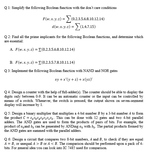Solved Q 1 Simplify The Following Boolean Function With The