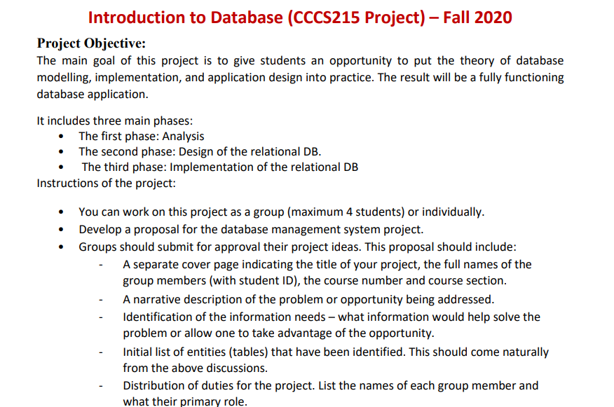 Solved Introduction to Database (CCCS215 Project) - Fall | Chegg.com