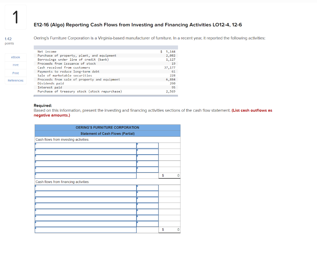 Solved 1 E12-16 (Algo) Reporting Cash Flows from Investing | Chegg.com