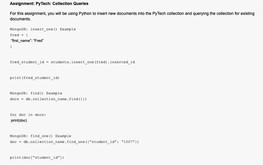 Solved Assignment: PyTech: Collection Queries For this | Chegg.com