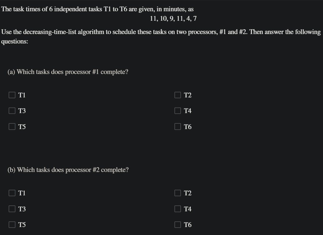 Solved The task times of 6 independent tasks T1 to T6 are | Chegg.com