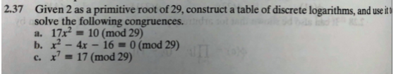 Solved 2.37 Given 2 as a primitive root of 29, construct a | Chegg.com