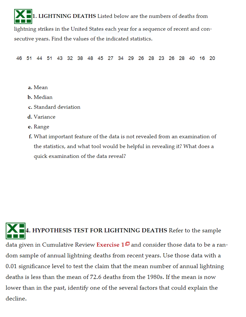 Solved LIGHTNING DEATHS Listed below are the numbers of | Chegg.com