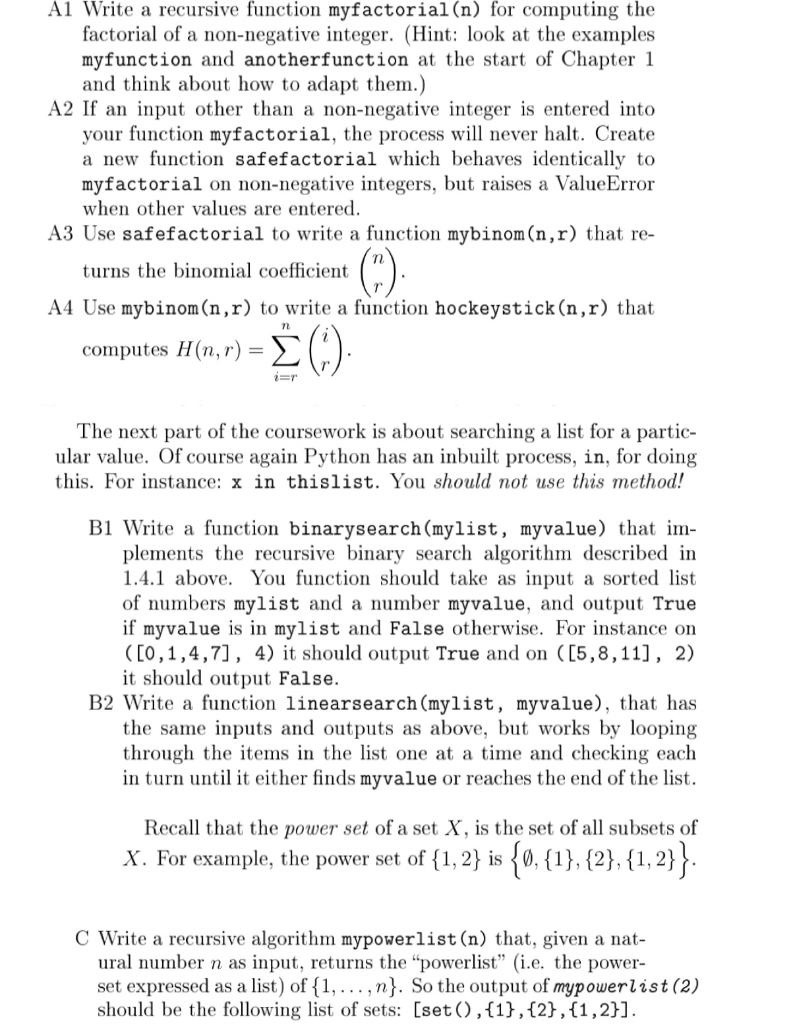 Solved A1 Write a recursive function myfactorial(n) for | Chegg.com
