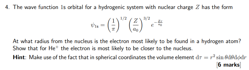 Solved 4. The wave function is orbital for a hydrogenic | Chegg.com