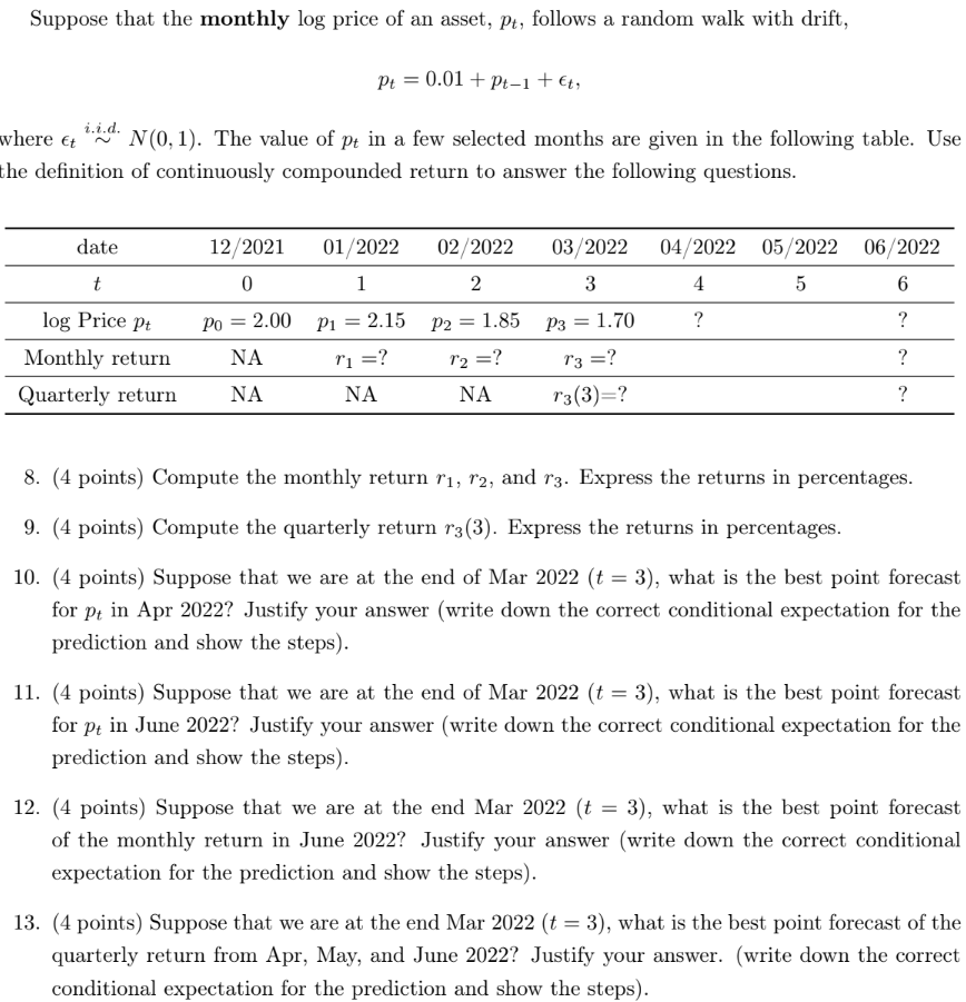Suppose that the monthly log price of an asset, pt, | Chegg.com