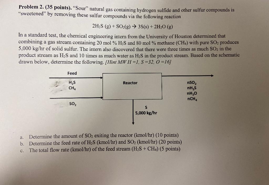 Solved Problem 2. (35 points). "Sour" natural gas containing | Chegg.com