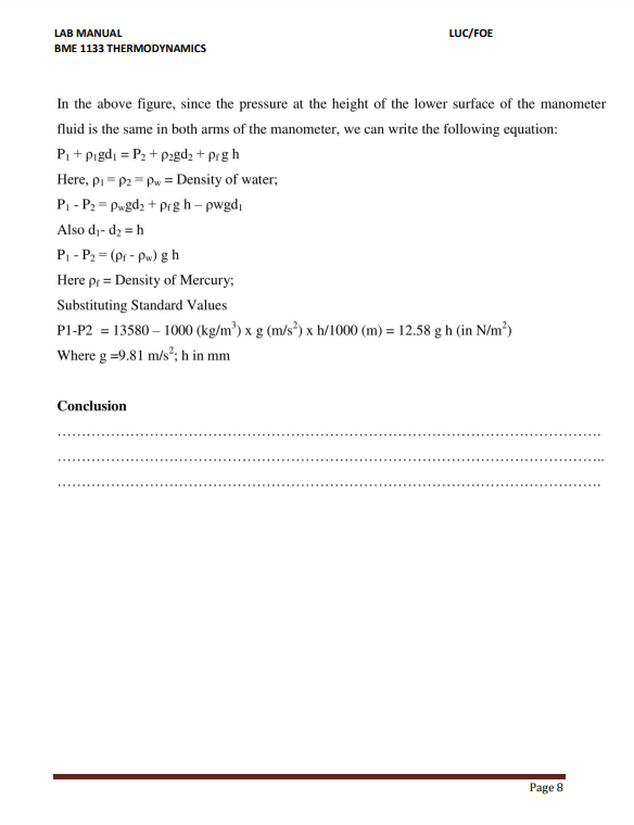 LUC/FOE LAB MANUAL BME 1133 THERMODYNAMICS Experiment | Chegg.com