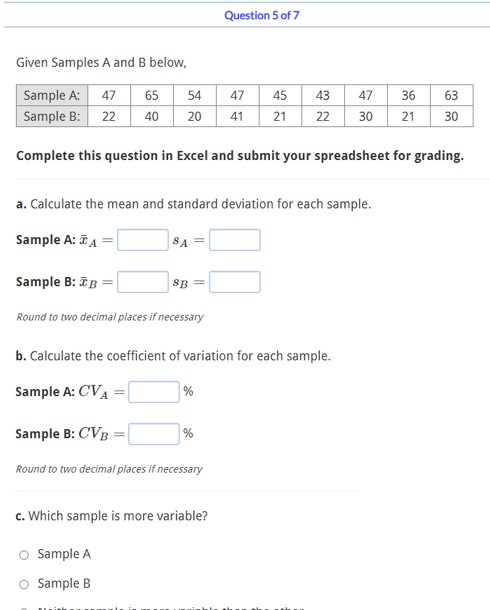 Solved Given Samples A and B below, Sample A: 47 65 54 47 45 | Chegg.com