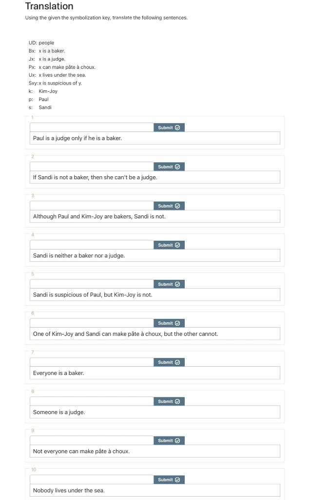 Solved Translation Using the given the symbolization key, | Chegg.com