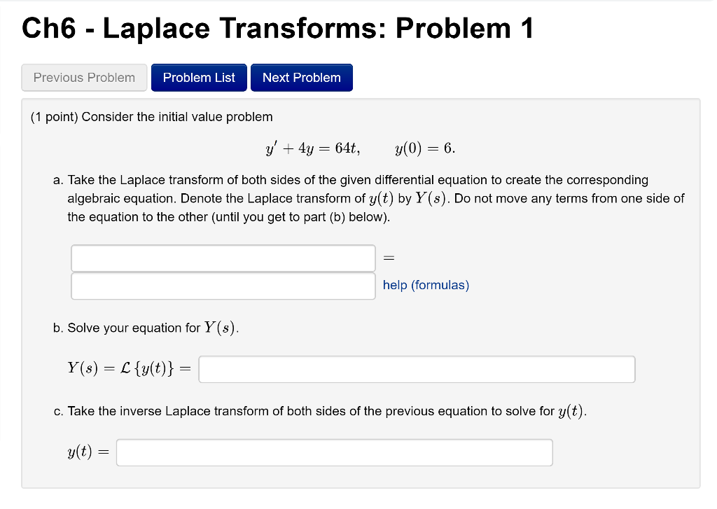 Solved Ch6 - Laplace Transforms: Problem 1 Previous Problem | Chegg.com