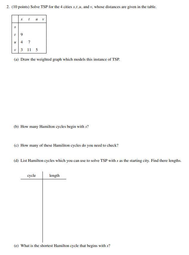 Solved 2. (10 points) Solve TSP for the 4 cities s,t,u, and | Chegg.com