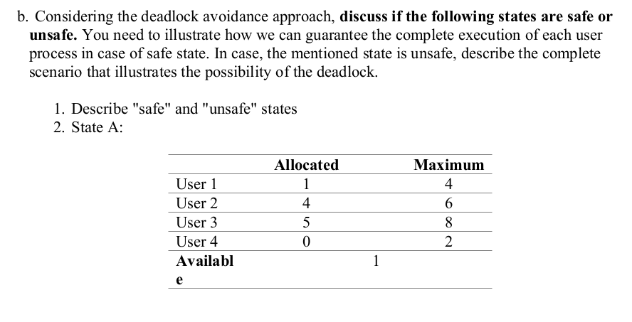 Solved b. Considering the deadlock avoidance approach, | Chegg.com