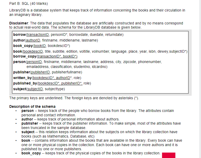 Solved Part B: SQL (40 Marks) LibraryDB is a database system | Chegg.com