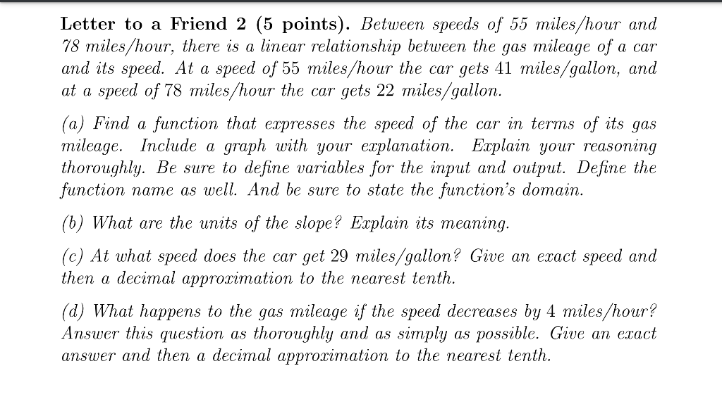 Solved Letter to a Friend 2 (5 points). Between speeds of 55 | Chegg.com