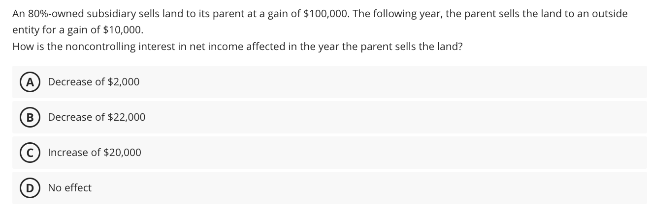 Solved An 80%-owned subsidiary sells land to its parent at a | Chegg.com