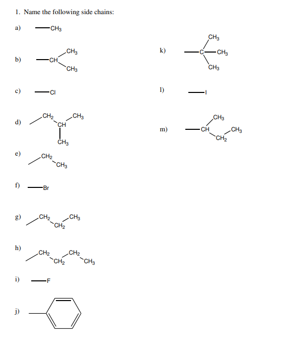 Solved 1. Name the following side chains: a) −CH3 b) c) −Cl | Chegg.com