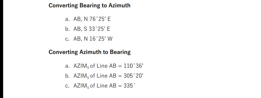 Solved Converting Bearing to Azimuth a. AB, N 76°25' E b. | Chegg.com