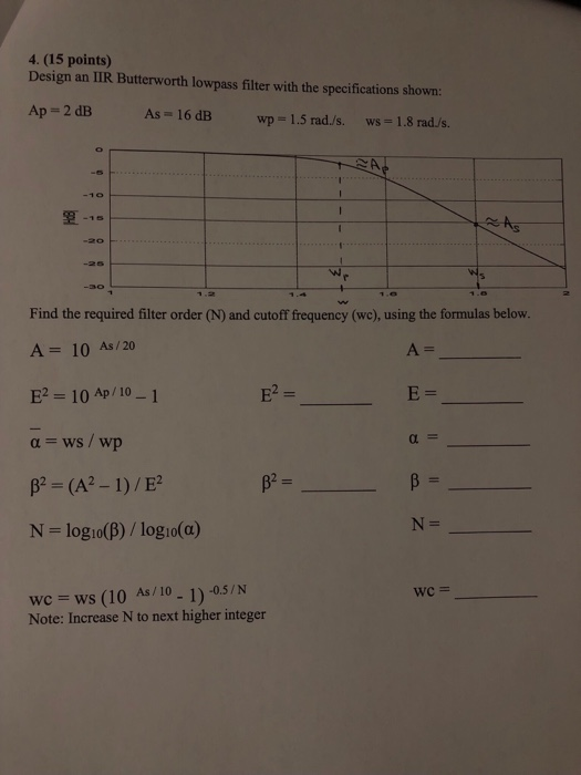 Solved 4. (15 points) Design an IIR Butterworth lowpass | Chegg.com