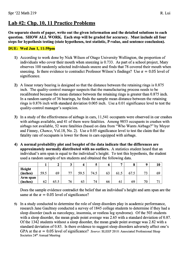 Solved Spr '22 Math 219 R. Lui Lab #2: Chp. 10, 11 Practice | Chegg.com