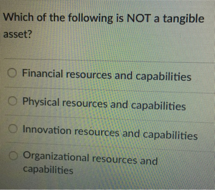 Solved Which of the following is NOT a tangible asset? O | Chegg.com