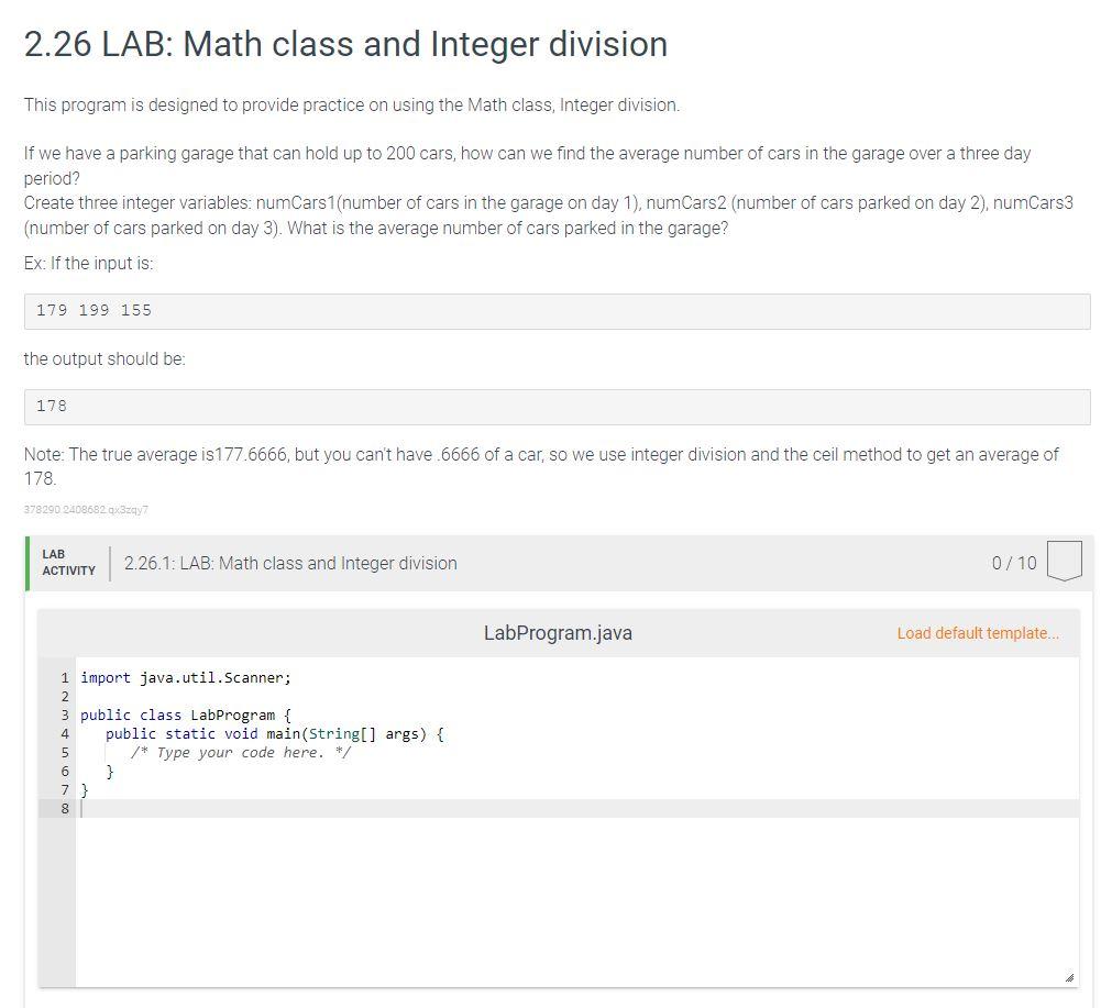 Solved 2.26 LAB: Math class and Integer division This | Chegg.com