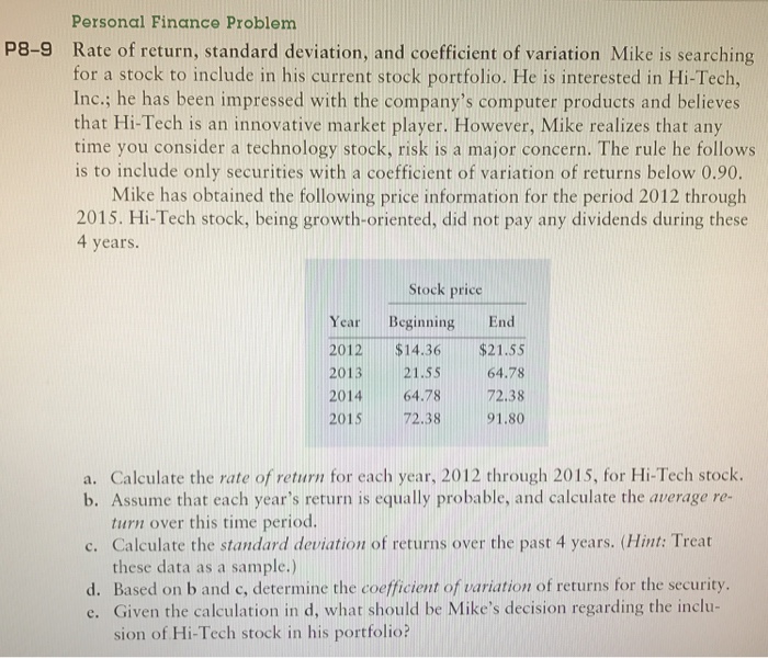 Solved Rate of return, standard deviation, and coefficient | Chegg.com