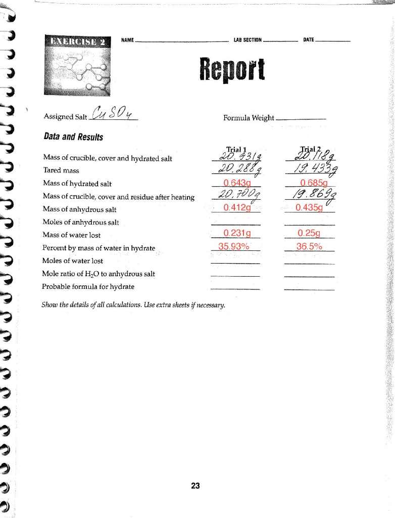 Solved EXERCISE 2 NAME LAB SECTION DATE Report Assigned Salt | Chegg.com