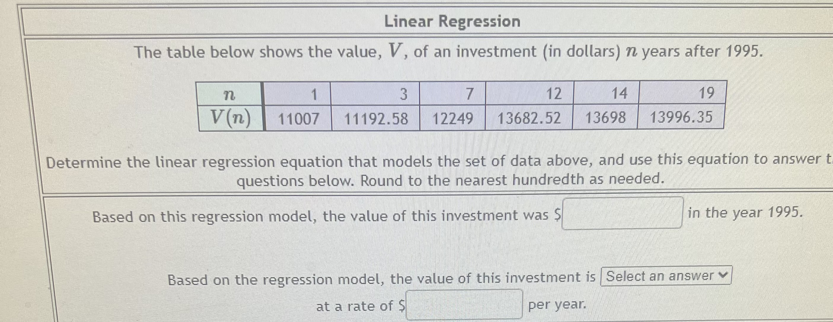 Solved The table below shows the value, V, of an investment | Chegg.com