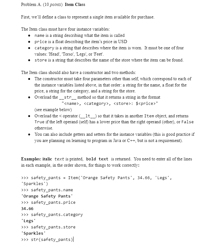 Solved Problem A. (10 points) Item Class First, we'll define | Chegg.com