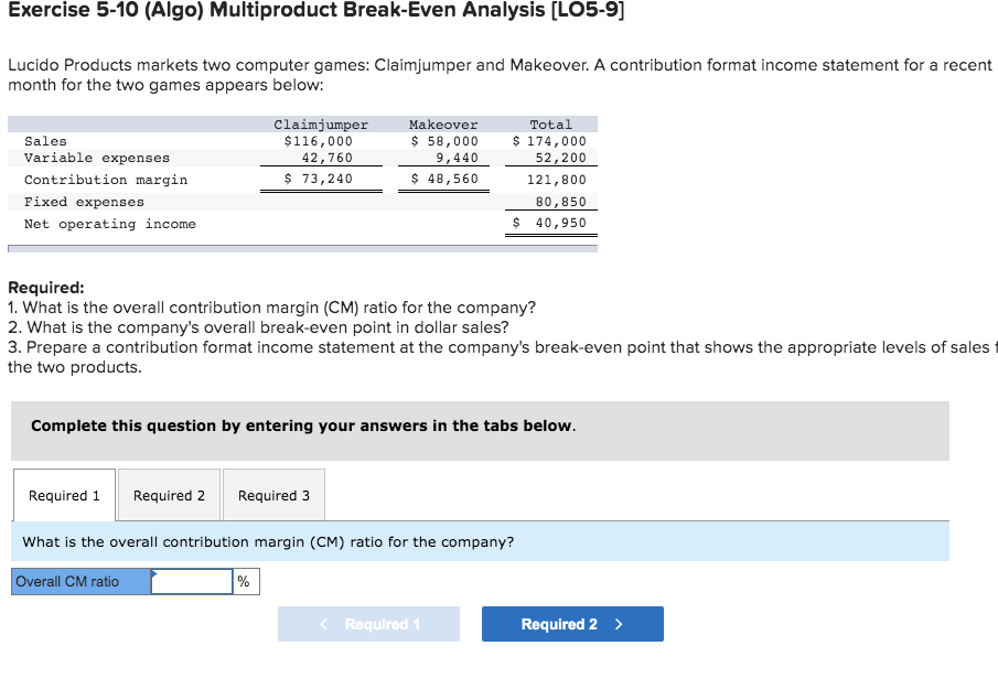 Solved Exercise 5-10 (Algo) Multiproduct Break-Even Analysis | Chegg.com