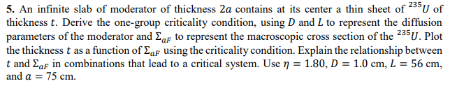 Solved 5. An infinite slab of moderator of thickness 2a | Chegg.com
