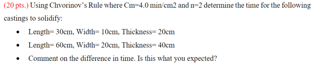 Solved (20 pts.) Using Chvorinov's Rule where Cm=4.0 min/cm2 | Chegg.com