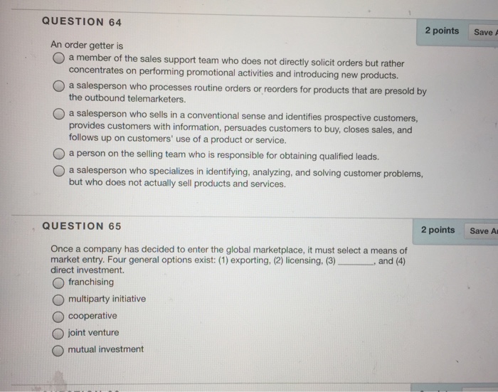 Solved QUESTION 64 2points save An order getter is O a | Chegg.com