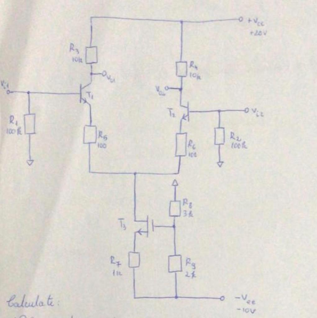Solved EX2. In the given amplifier, T1 and T2 have VBE = | Chegg.com