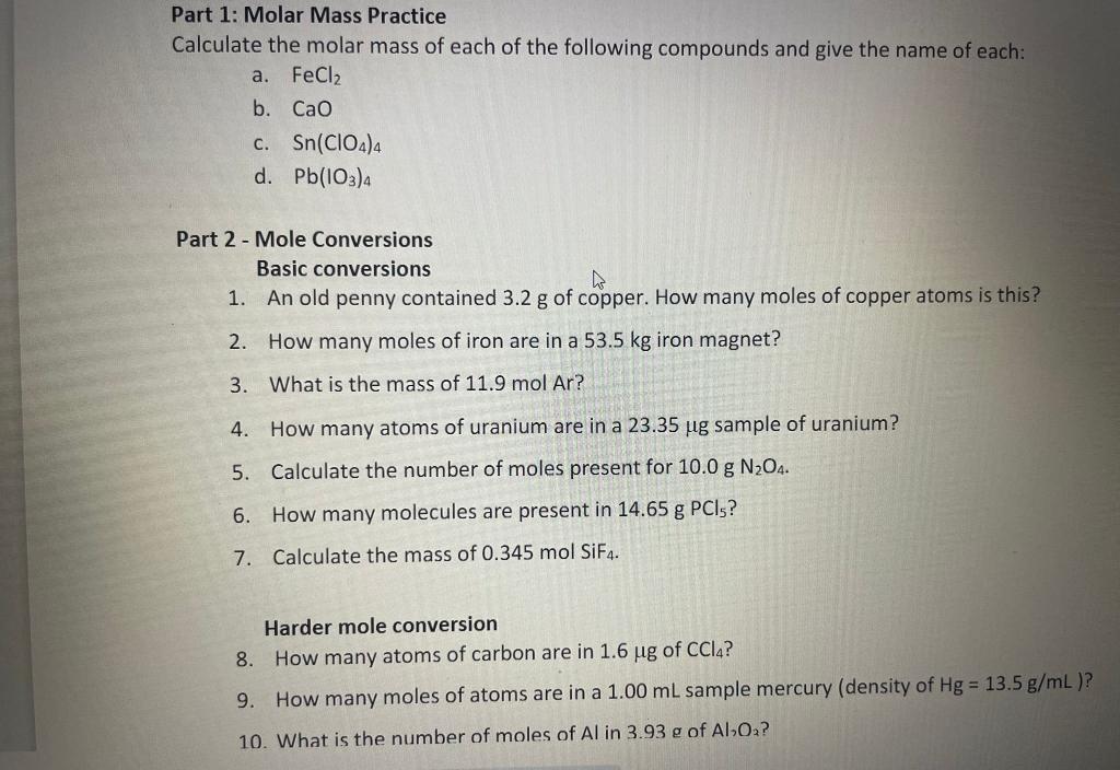 Solved Part 1: Molar Mass Practice Calculate the molar mass | Chegg.com